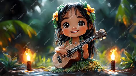Cute Girl Playing Ukulele In Tropical Setting Premium Ai Generated Image