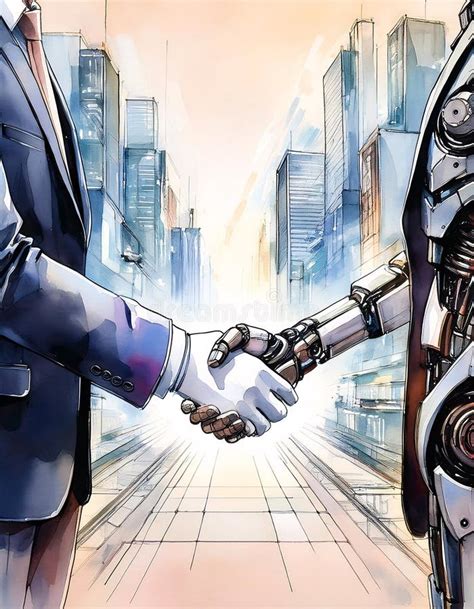 A Human And A Robot Shaking Hands In A Modern Office Setting Symbolizing Collaboration Between