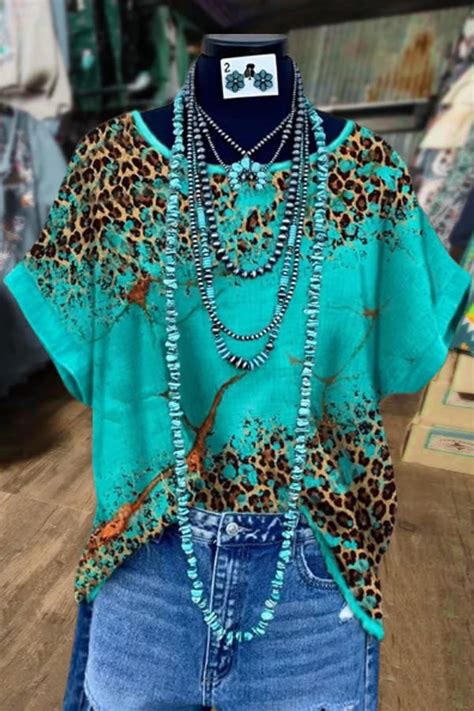 Colorful Leopard Print Dolman Sleeve Top Plus Size Western Outfits