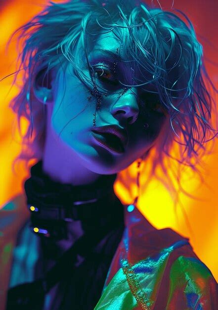 Arafed Image Of A Woman With A Black Choke And A Neon Jacket Generative Ai Premium Ai