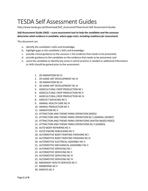 Tesda Self Assessment Guides Sags List