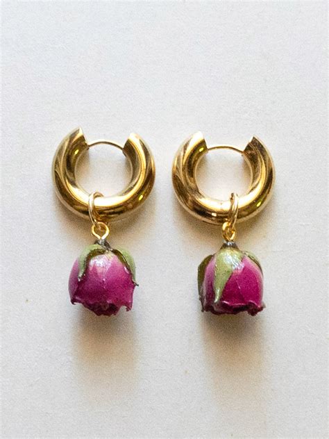 Chunky Gold Hoops Dried Magenta Pink Rose Bud Gabi The Label