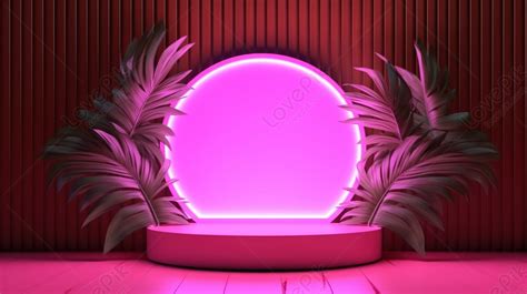 멋진 네온 핑크 배경은 잎이 많은 배경을 갖춘 나무 연단에 있는 천연 제품의 생생한 3d 렌더링을 위한 무대를 설정합니다 설정 배경 연단 배경 무대 3d 배경 이미지