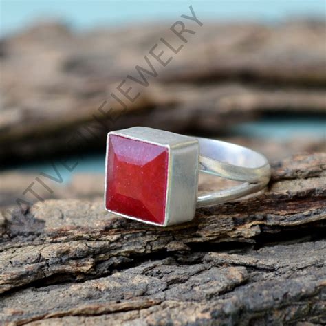 Ruby Gemstone Ring Square Cut Ruby Ring 925 Sterling Silver Ring Raw Red Ruby Gemstone Ring