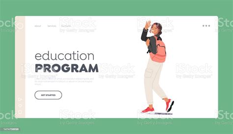 교육 프로그램 랜딩 페이지 템플릿입니다 쾌활한 여학생 캐릭터가 배낭을 메고 손을 흔든다 손 흔들기에 대한 스톡 벡터 아트 및 기타 이미지 손 흔들기 소녀 십대 소녀