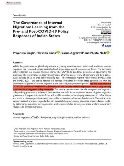 Singh Et Al 2024 The Governance Of Internal Migration Learning From The