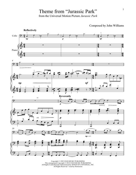 Theme From Jurassic Park By John Williams Sheet Music For Cello And