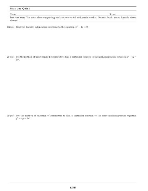 Quiz 7 Practice Problems Differential Equations Math 221 Docsity