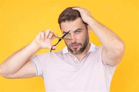 Premium Photo Man With Barbers Scissors Man Cut Hair With