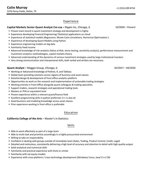 Quant Analyst Resume Samples Velvet Jobs