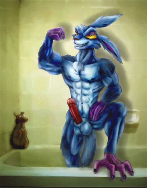 Rule 34 Anthro Bleakcat Blue Fur Flexing Front View Indoors Male Male
