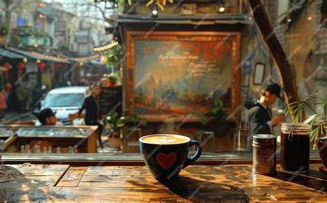 Coffee Shop Window View In Shanghai A Cup Of Coffee Sits On A Wooden