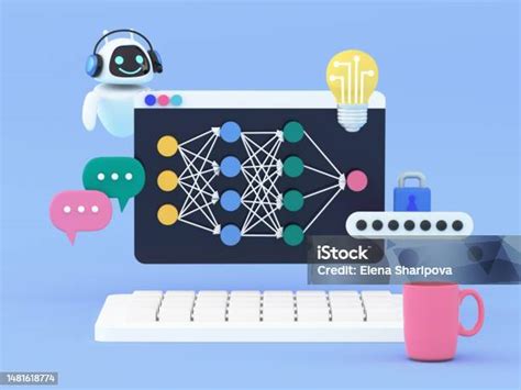 인공 지능 프로그래밍 기계 학습 신경망이 있는 컴퓨터 데스크톱 화면 딥 러닝 그림 개념입니다 Ai 서버 데이터 보안 및 로봇