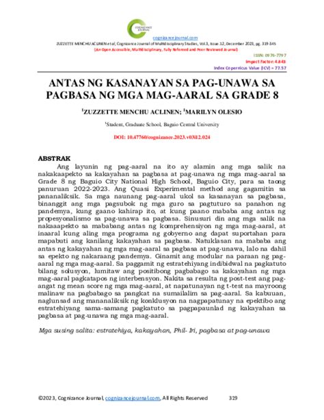 Pdf Antas Ng Kasanayan Sa Pag Unawa Sa Pagbasa Ng Mga Mag Aaral Sa