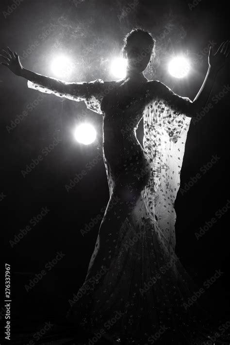 B W Dark Tone Of Erotic Silhouette Nice Shape Asian Woman In Lace See Through Evening Gown