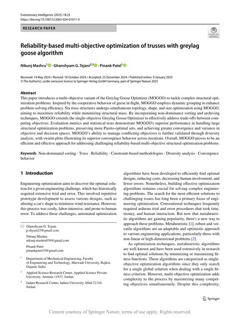 Reliability Based Multi Objective Optimization Of Trusses With Greylag Goose Algorithm Request Pdf