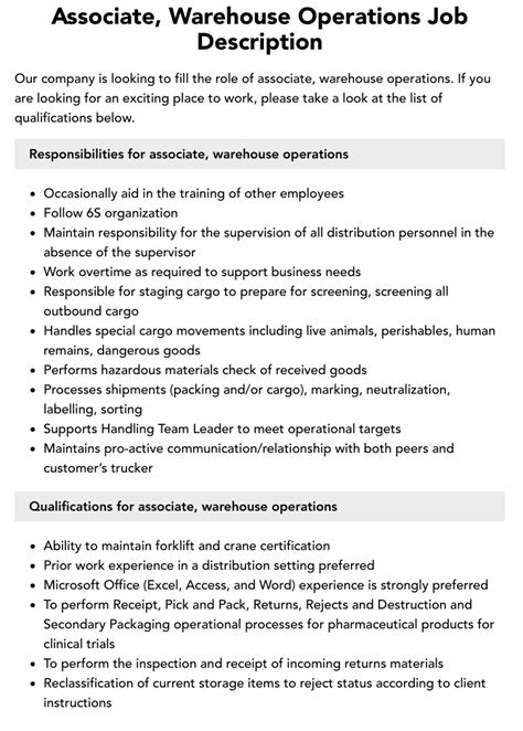 Associate Warehouse Operations Job Description Velvet Jobs
