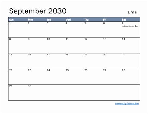 Free Monthly Calendar Template For September 2030 With Brazil Holidays