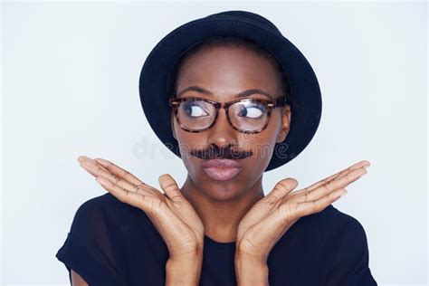 Funny Woman And Mustache On Face In Studio With Hipster Fashion And Creative Model In