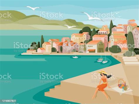 더운 여름날 모자를 쓴 한 여성이 붉은 지붕과 요트가 있는 집을 배경으로 바다 제방에서 피크닉을 하고 갈매기가 날아다닌다 도시에