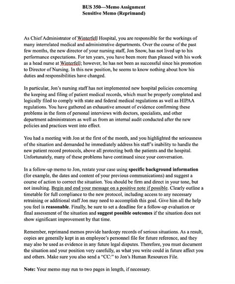 Solved BUS Memo Assignment Sensitive Memo Reprimand As Chegg Com