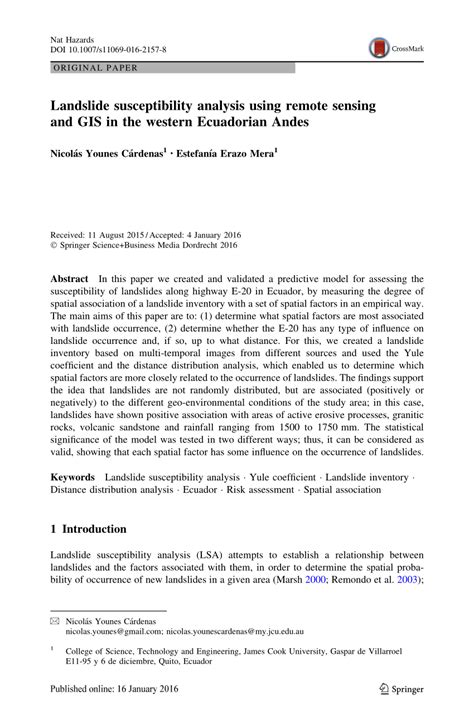 Pdf Landslide Susceptibility Analysis Using Remote Sensing And Gis In The Western Ecuadorian Andes