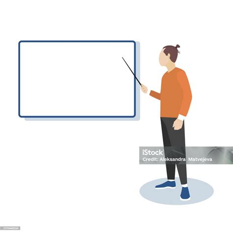 그의 손에 포인터와 흰색 보드에 서 남자의 벡터 만화 캐릭터 가공의 인물에 대한 스톡 벡터 아트 및 기타 이미지 가공의 인물 가리키기 개념 Istock