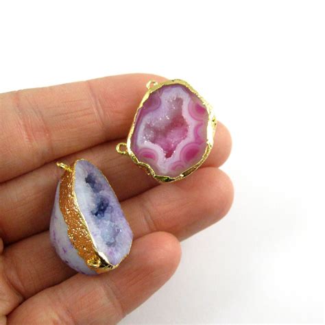 Druzy Agate Geode Connector Pendant Lavender Nature Agate Gold Edging Small Geode Pendant