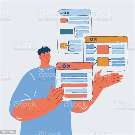 스타트업 비즈니스의 벡터 일러스트레이션 프로젝트 구조 프로토타이핑 개념에 대해 작업하고 생각하는 소프트웨어 개발자 행복에 대한