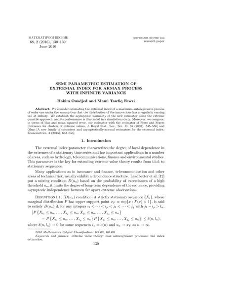 Pdf Semi Parametric Estimation Of Extremal Index For Armax Process With Infinite Variance