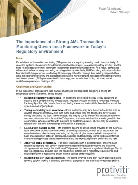 Pov Aml Transaction Monitoring Governance Framework Protiviti Pdf Money Laundering