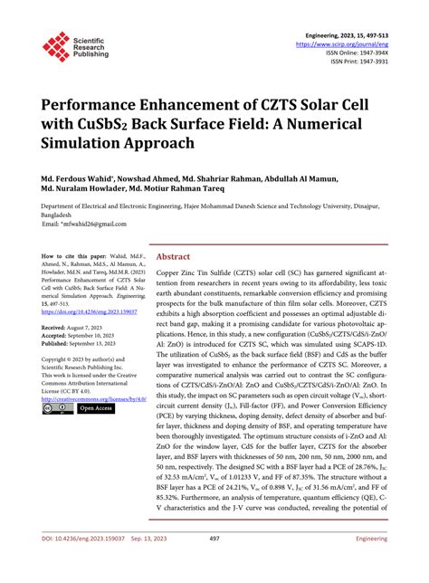 Pdf Performance Enhancement Of Czts Solar Cell With Cusbs 2 Back Surface Field A Numerical