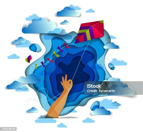 손 흐린 하늘 자유와 용이성 감정 개념 벡터 현대적인 스타일의 종이 잘라 3d 그림을 통해 연을 들고 3차원 형태에 대한 스톡 벡터 아트 및 기타 이미지 Istock