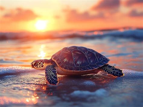 Sea Turtle On Beach At Sunset Digital Illustration Premium Ai