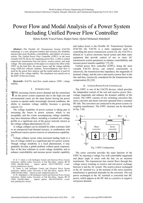 Pdf Power Flow And Modal Analysis Of A Power System Including Unified