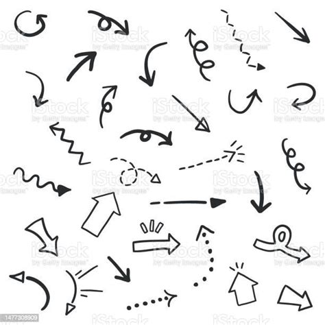 손으로 그린 화살표는 평면 스타일로 아이콘을 설정합니다 연필 스케치 기호 벡터 삽화는 고립된 배경에 있습니다 스케치 낙서 기호 사업 개념 거리에 대한 스톡 벡터 아트 및