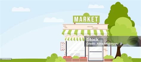 귀여운 만화 시장 외관 화창한 날 푸른 하늘 녹색 나무와 관목 플랫 스타일 벡터 일러스트레이션 에코 야채 과일 식품 가게 흰색 배경에 격리 건물 외부 거래자에 대한 스톡