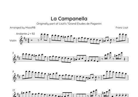 La Campanella Solo Violin In D Major Easy Arr Missorb By Franz