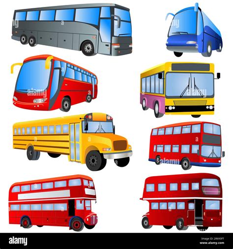 vector illustration of 8 different bus types isolated on white