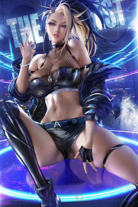 Rule 34 Akali Big Breasts Blonde Hair Blue Eyes Breasts Cleavage Clothed Clothing Dark Blue