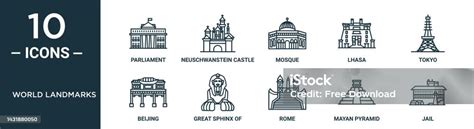세계 랜드 마크 개요 아이콘 세트에는 얇은 라인 의회 모스크 도쿄 기자의 위대한 스핑크스 마야 피라미드 감옥 보고서 프리젠 테이션 다이어그램 웹 디자인을위한 베이징 아이콘이