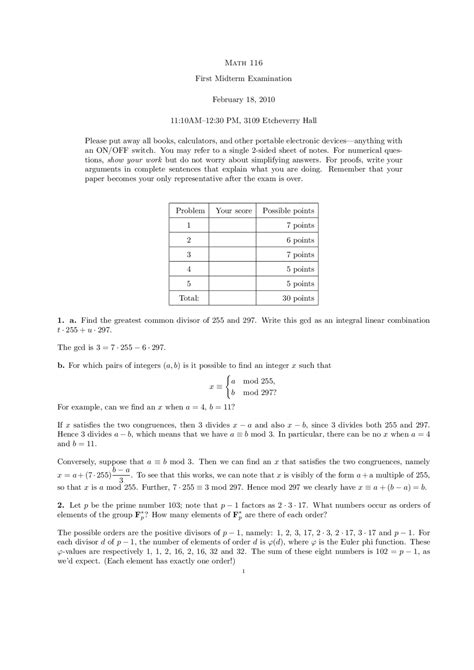 5 Problems On Cryptography Midterm Exam I Math 116 Docsity