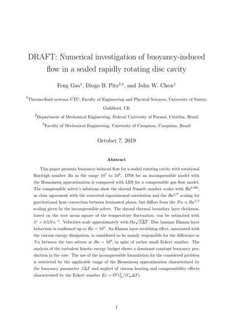 Pdf Numerical Investigation Of Buoyancy Induced Flow In A Sealed Rapidly Rotating Disc Cavity