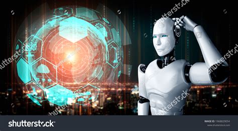 Ai 휴머노이드 로봇이 홀로그램을 분석하는 홀로그램스크린은 스톡 일러스트 1968829054 Shutterstock