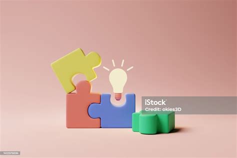 분홍색 배경에 전구가있는 컬러 퍼즐 퍼즐 큐브 모델 팀워크 비즈니스 그룹 개념 3d 렌더링 3차원 형태에 대한 스톡 사진 및 기타 이미지 Istock