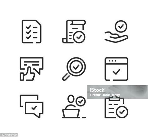 줄 아이콘 집합을 승인합니다 현대 그래픽 디자인 개념 검은 스트로크 선형 기호 간단한 윤곽 요소 컬렉션 벡터 선 아이콘 돋보기 광학 기기에 대한 스톡 벡터 아트 및 기타