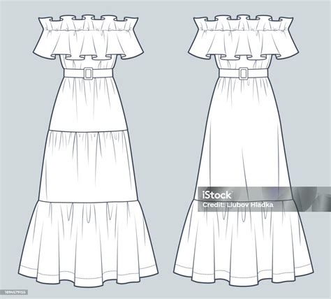 오프 숄더 드레스 테크니컬 패션 일러스트 벽지 계층화 된 드레스 패션 플랫 기술 도면 템플릿 맥시 길이 주름 장식 정면도 화이트 여성용 드레스 Cad 모형 세트 0명에 대한