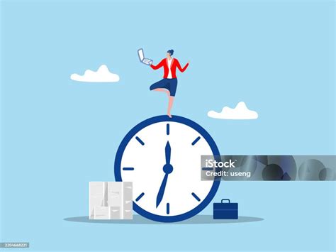 일과 생활의 균형 또는 집중 및 시간 관리 시계 페이스에서 요가나 명상을하면서 노트북으로 작업하는 비즈니스 우먼 유연한 근무 시간 벡터 개념에 대한 스톡 벡터 아트 및 기타