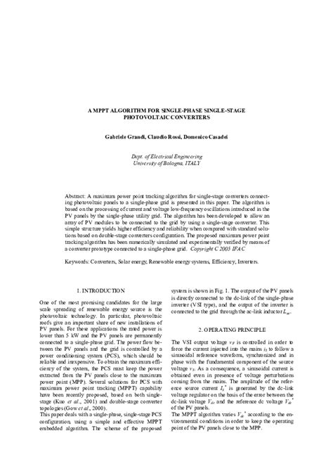 Pdf A Mppt Algorithm For Single Phase Single Stage Photovoltaic Converters