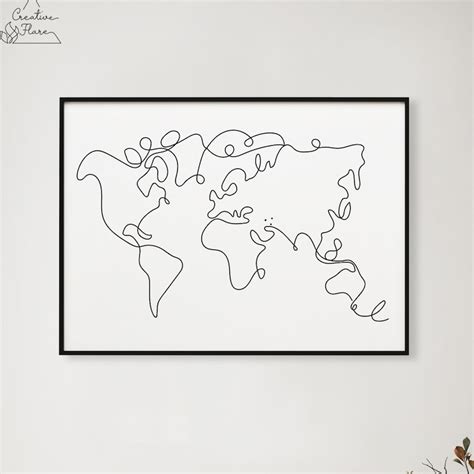 World Map Line Drawing Wall Art Etsy